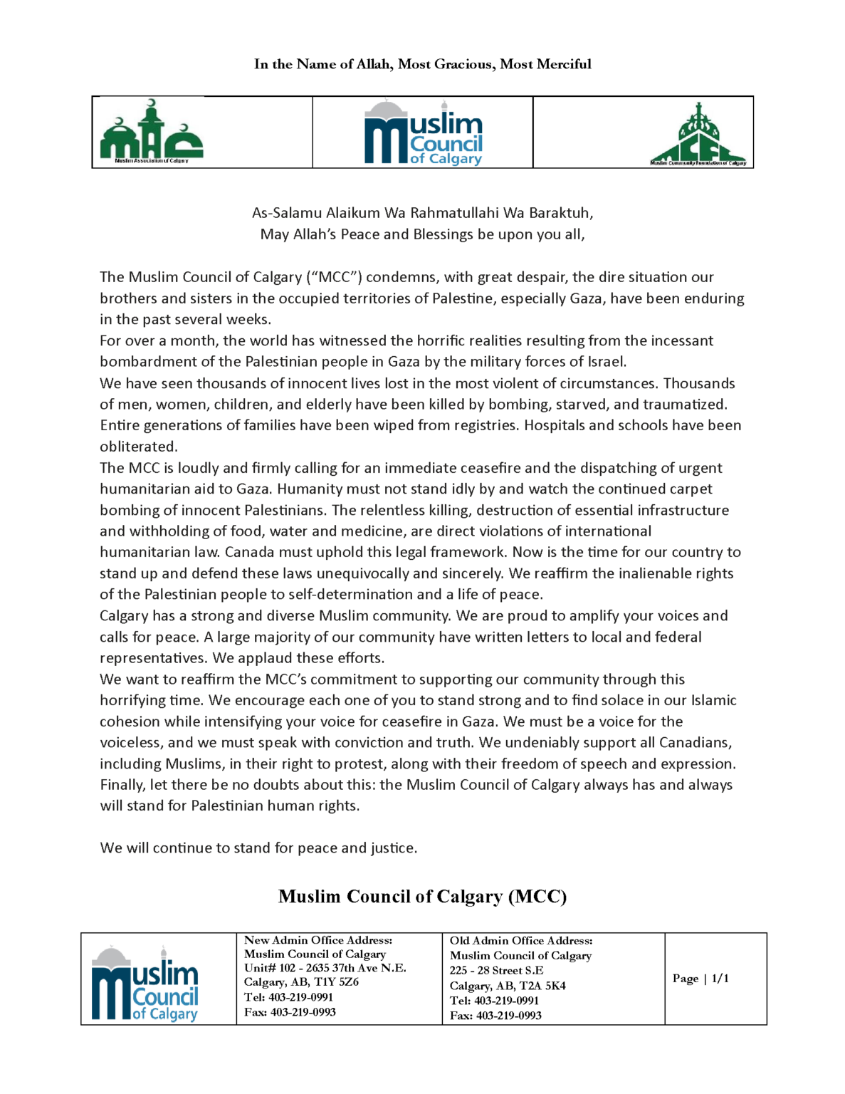 Press Releases – Muslim Council of Calgary